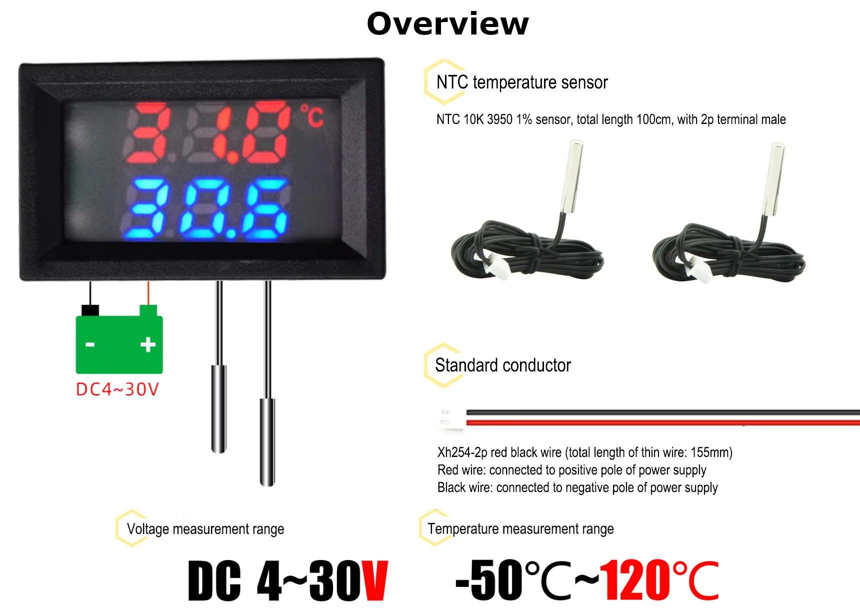 Probots 0.28 Inch Digital Display Voltmeter & Temperature Meter Panel ...