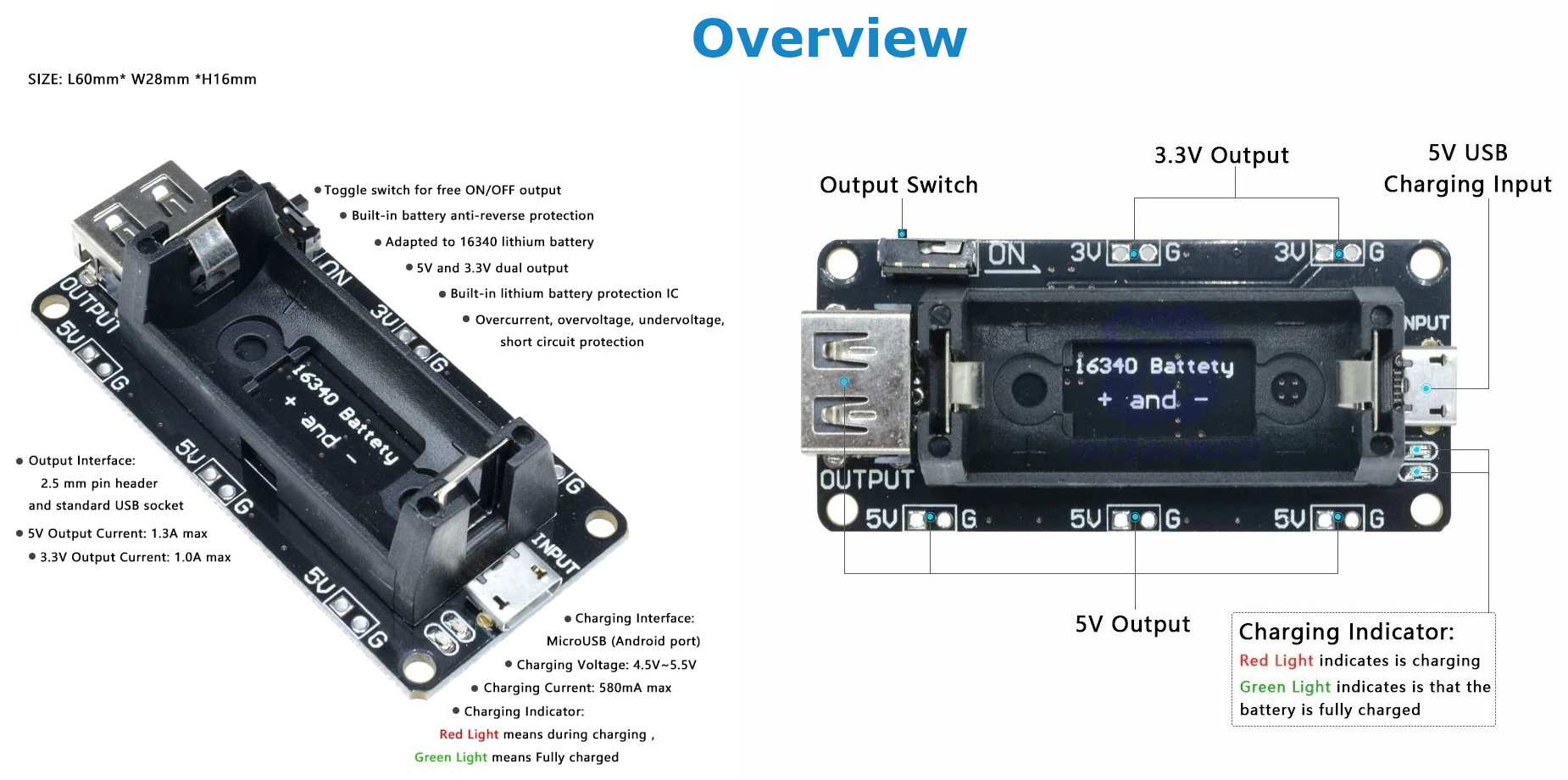 Probots 16340 Li-ion Lithium Battery Holder Shield Module Micro USB 3 ...