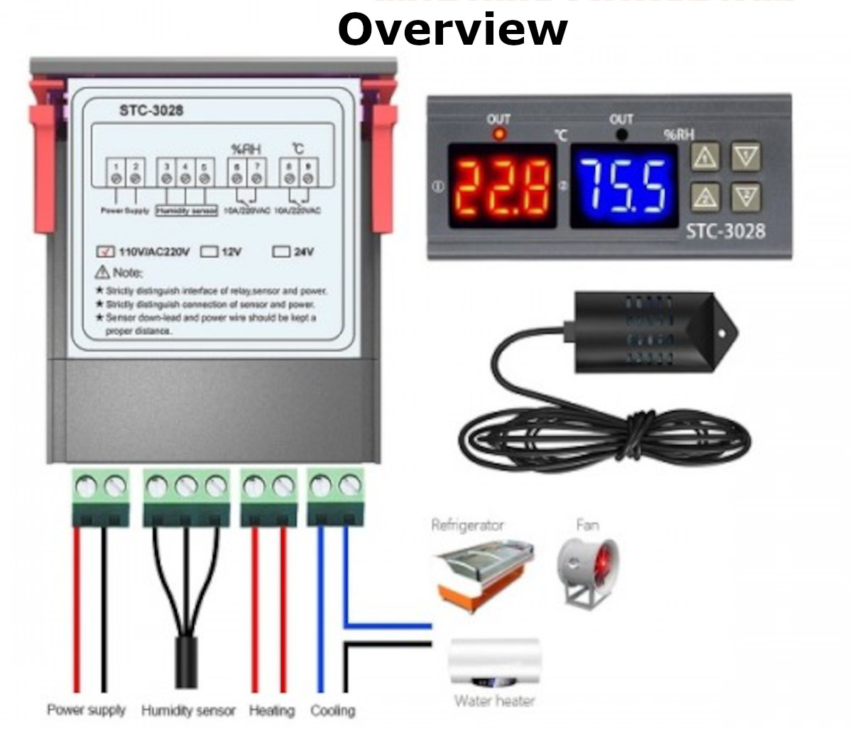 Probots STC-3028 220V AC Digital Display Temperature Humidity Controller 2 Relay Outputs ...
